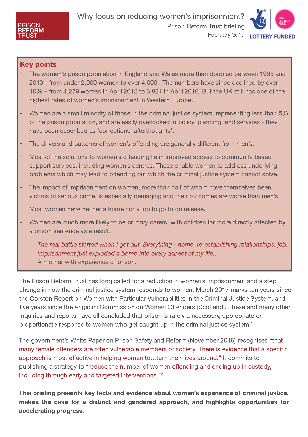 Why focus on reducing women’s imprisonment? | Prison Reform Trust